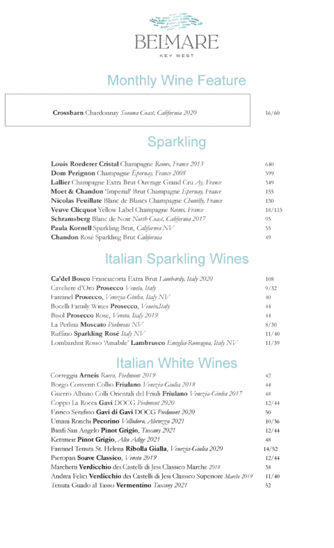 Fine Italian Dining Menu - Bel Mare Restaurant