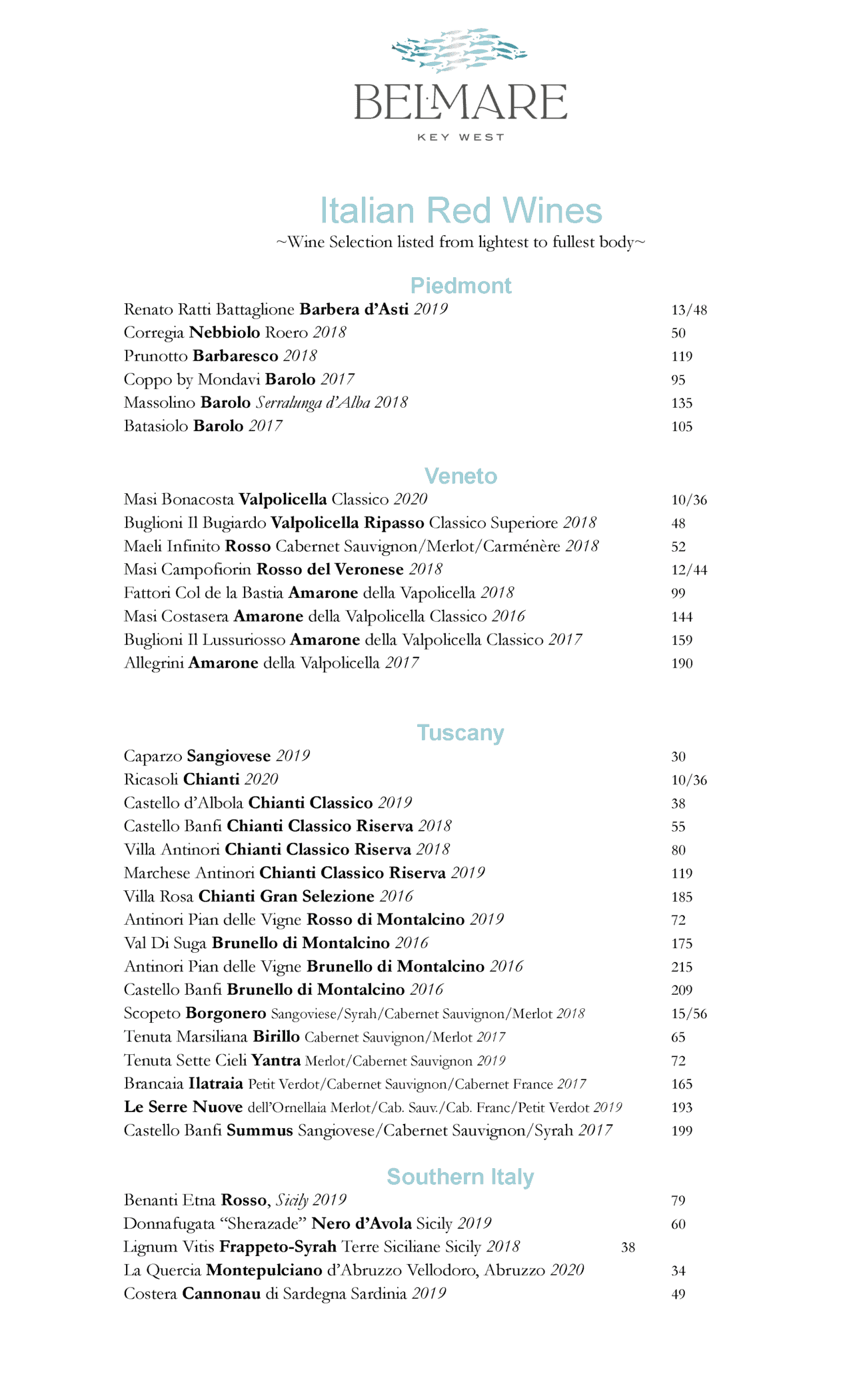 Fine Italian Dining Menu - Bel Mare Restaurant