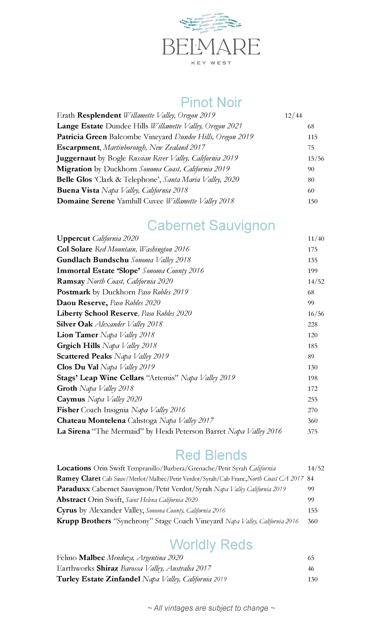 Fine Italian Dining Menu - Bel Mare Restaurant